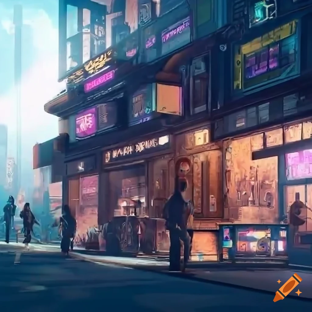 Cyberpunk shop fronts in a futuristic city on Craiyon