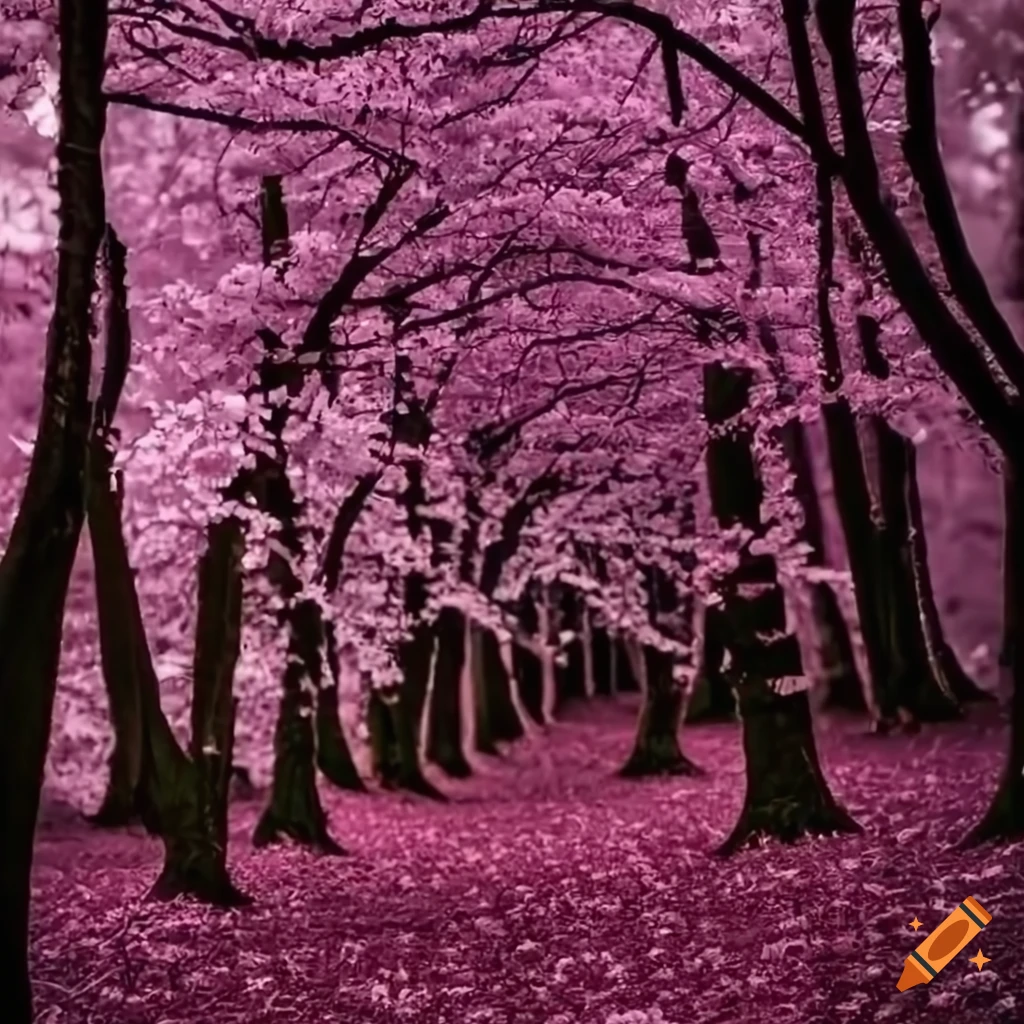 Cafe with pink spring trees and falling pink leaves in a snowy setting on Craiyon