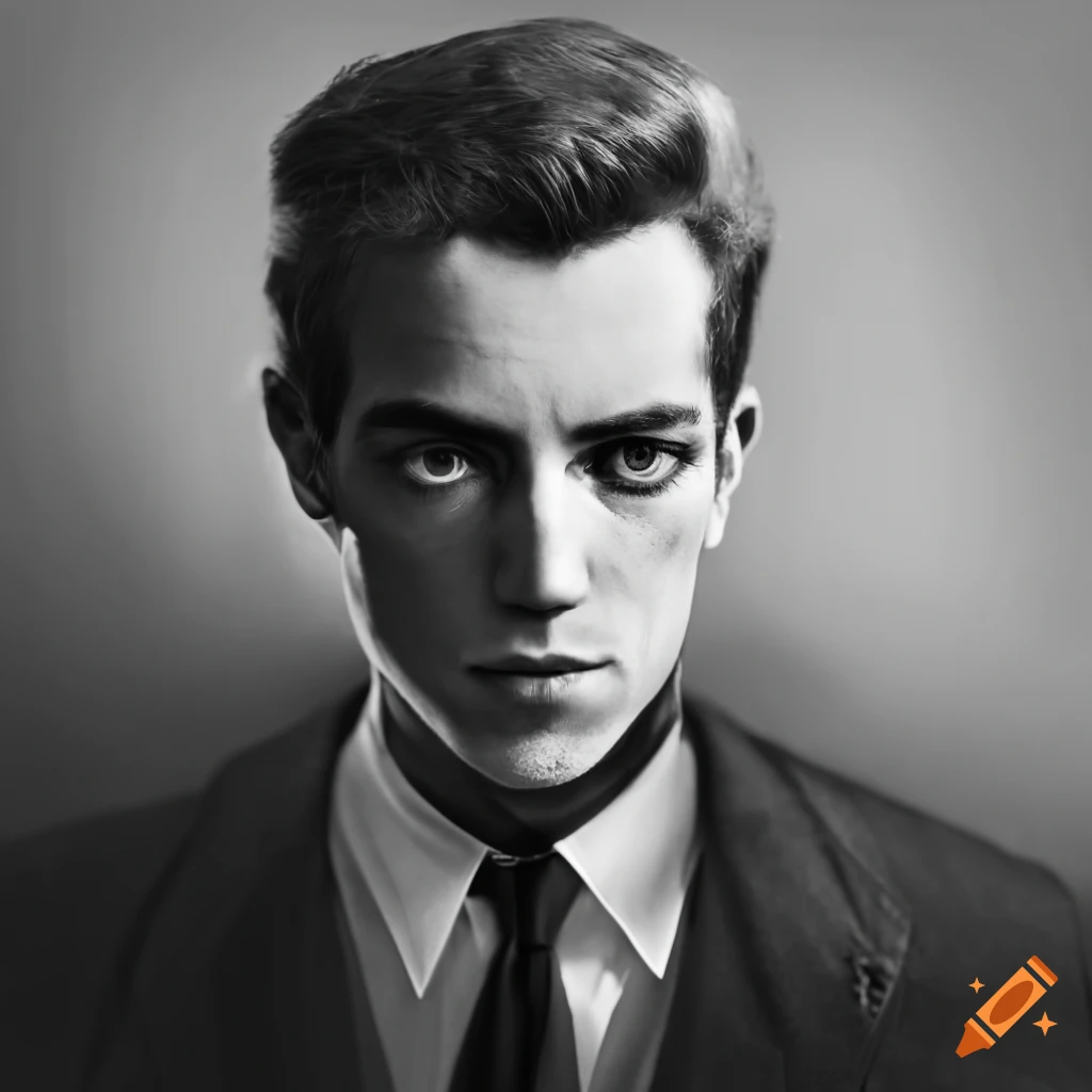 Black and white portrait of a young man in a suit on Craiyon