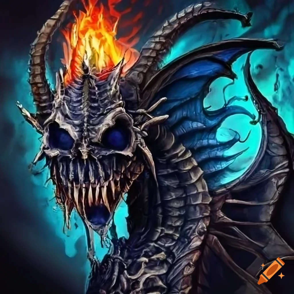 Image of a dark skeletal dragon with horns and blue fire on Craiyon