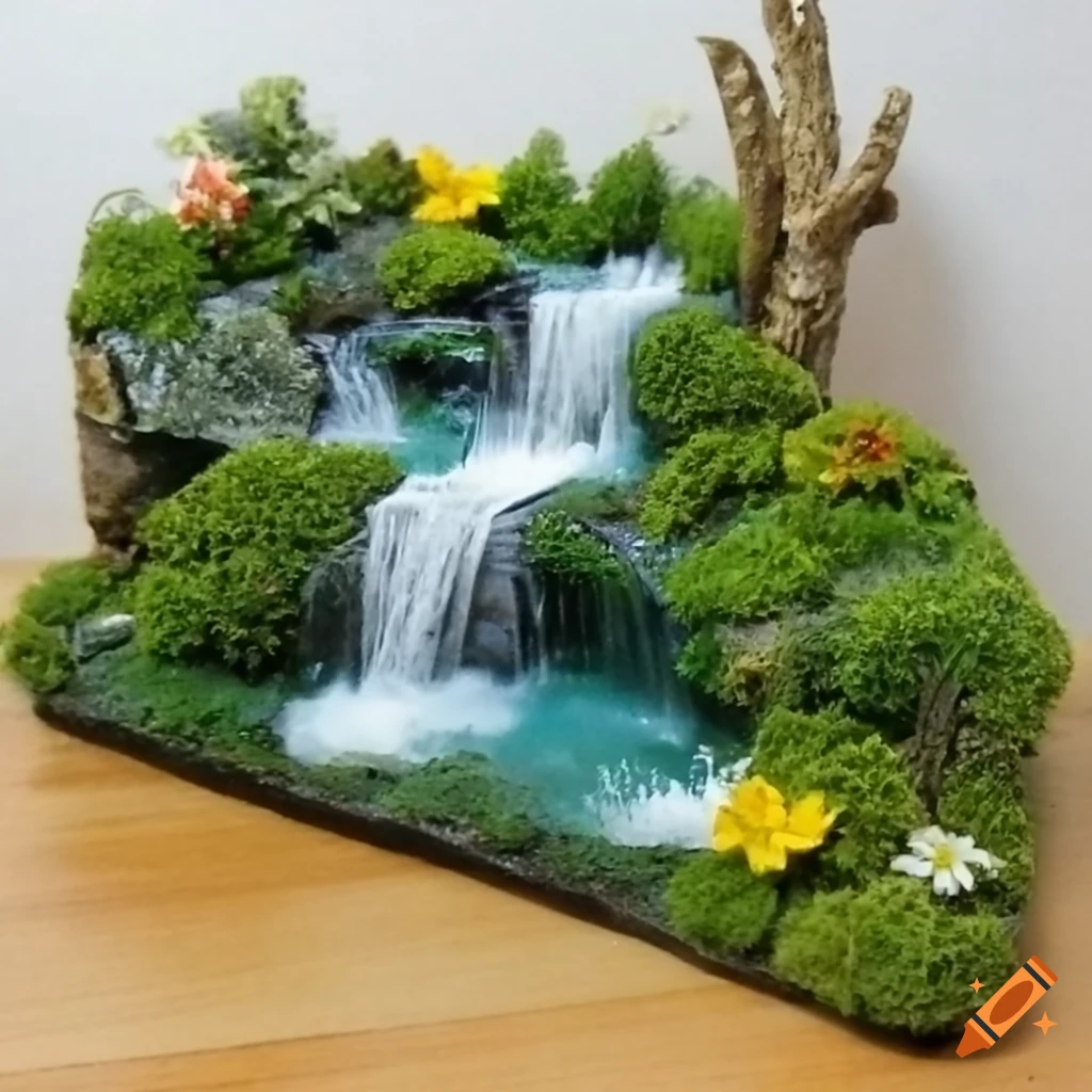 Ultra miniature diorama with waterfall, lake, moss, and flowers on Craiyon