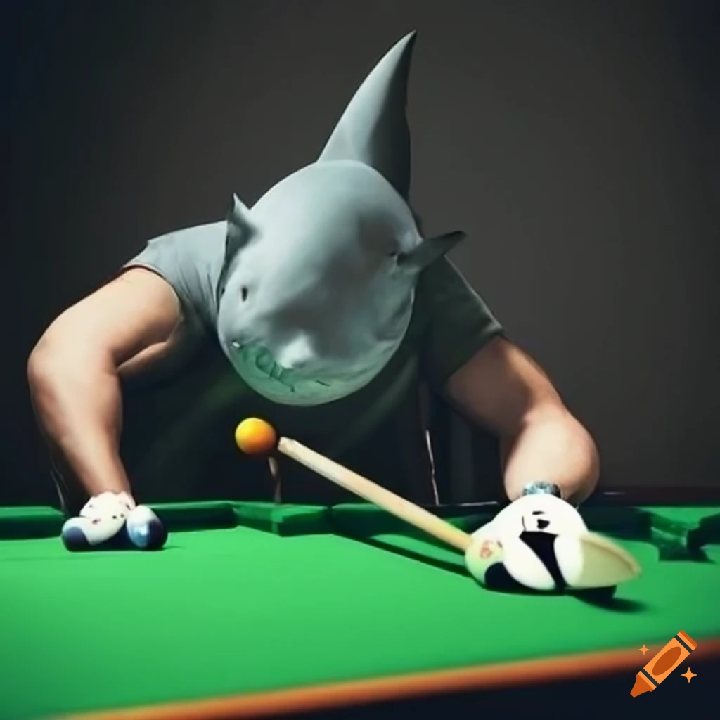 Humorous illustration of sharks playing billiards and smoking on Craiyon