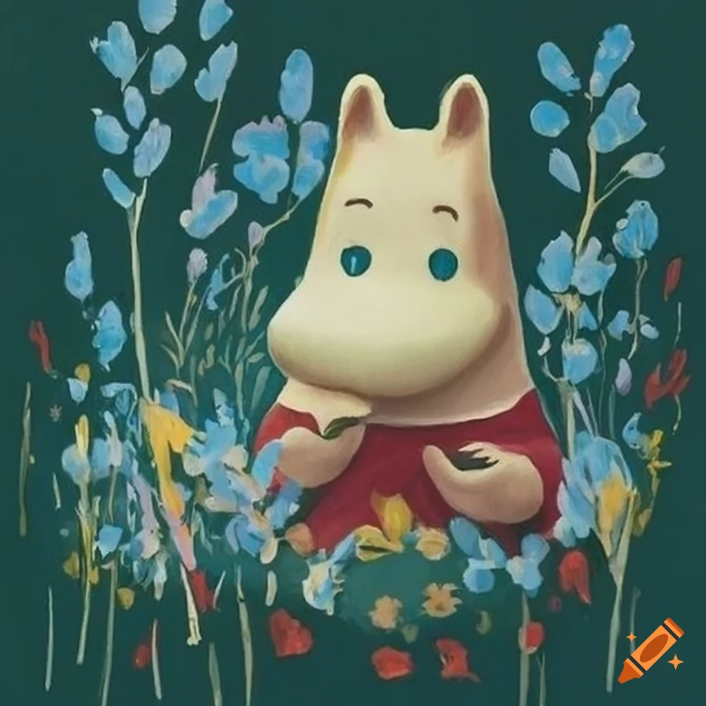 Moomins characters surrounded by flowers