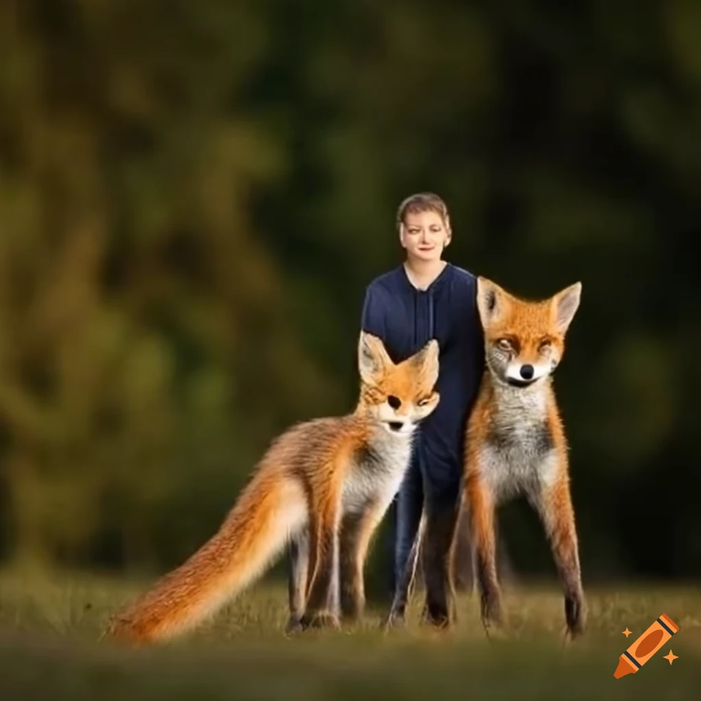 Men posing with a fox for a family picture