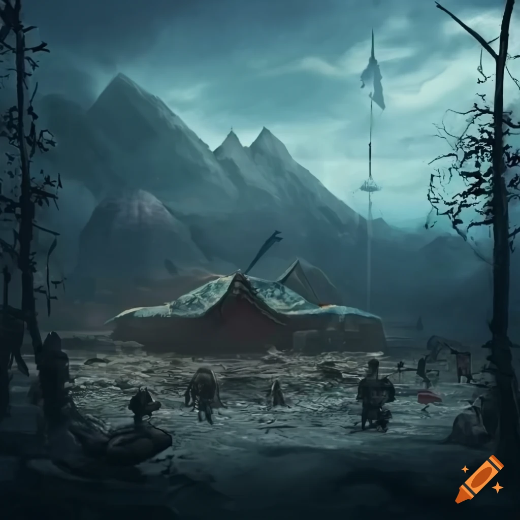 Fantasy army barracks with mountains in the background on Craiyon