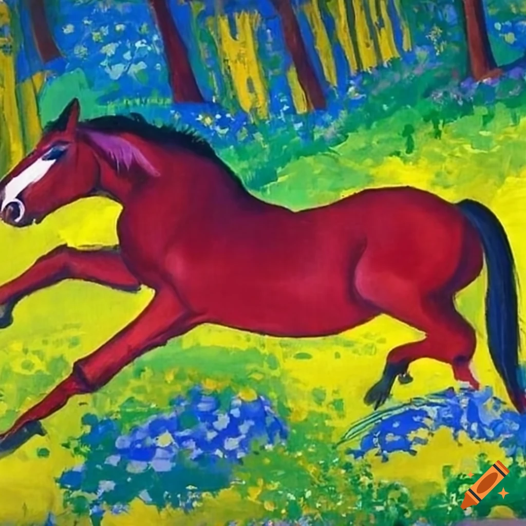 Artistic depiction of a red horse leaping in a forest on Craiyon