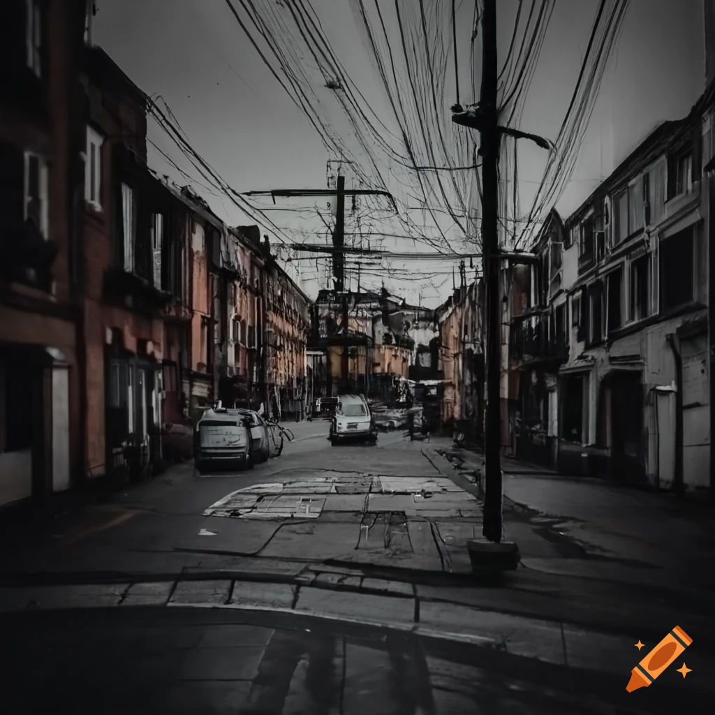 Overhead cables on a busy street on Craiyon