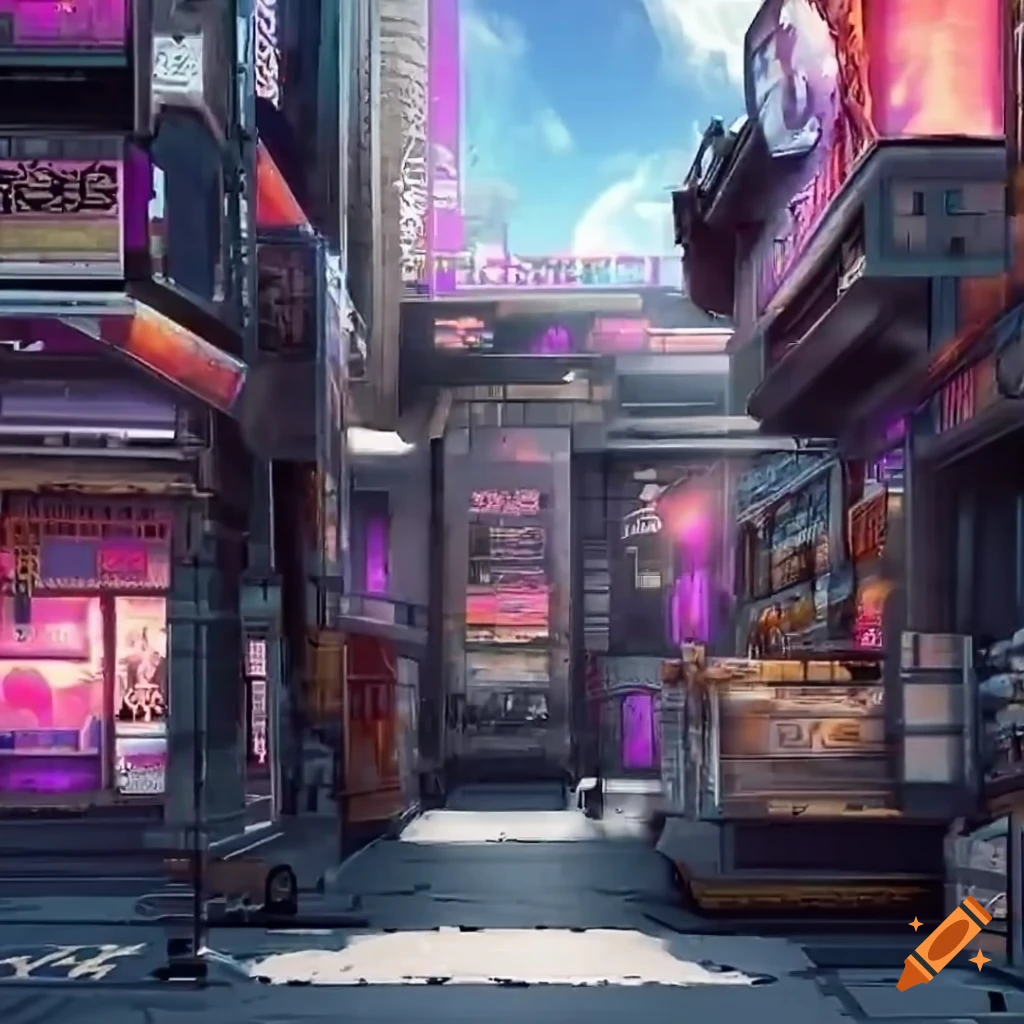 Cityscape of futuristic cyberpunk shop fronts on Craiyon