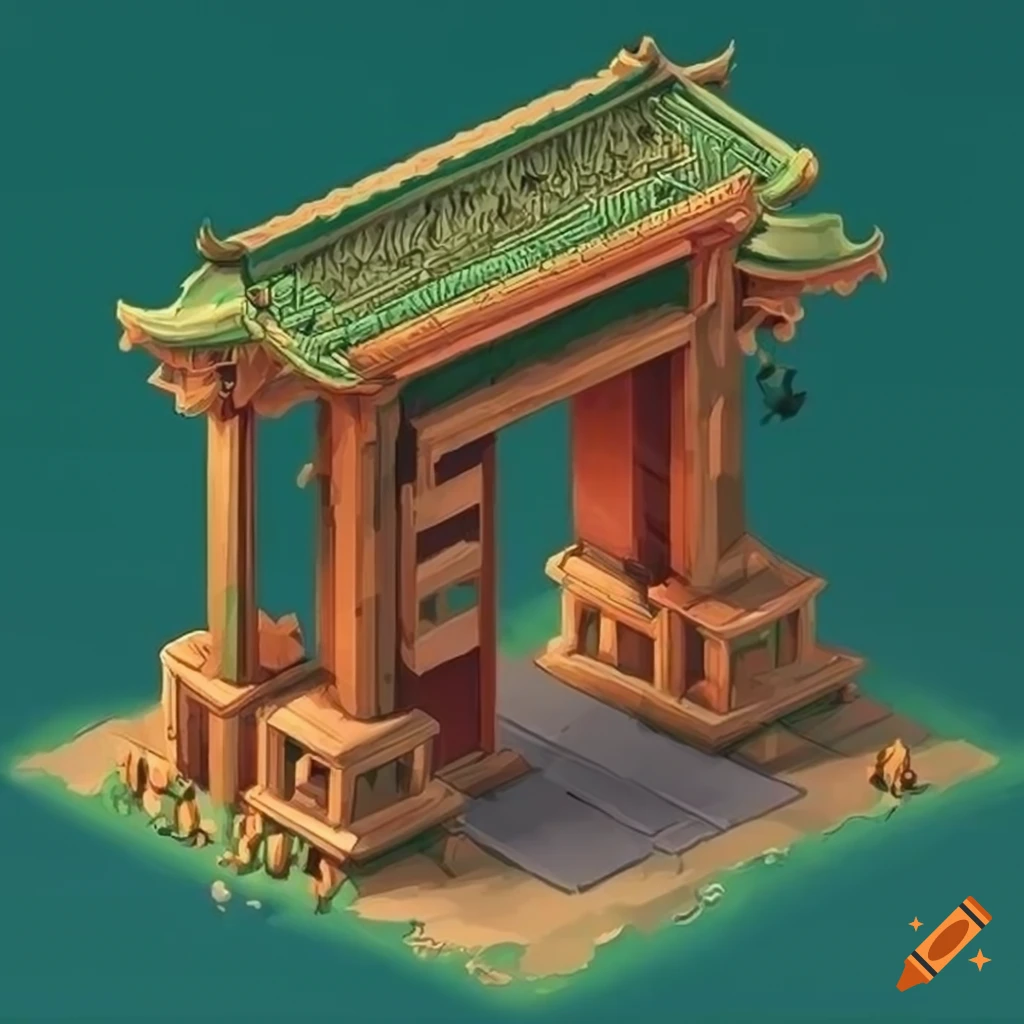 2D isometric game art of a shrine gate on Craiyon