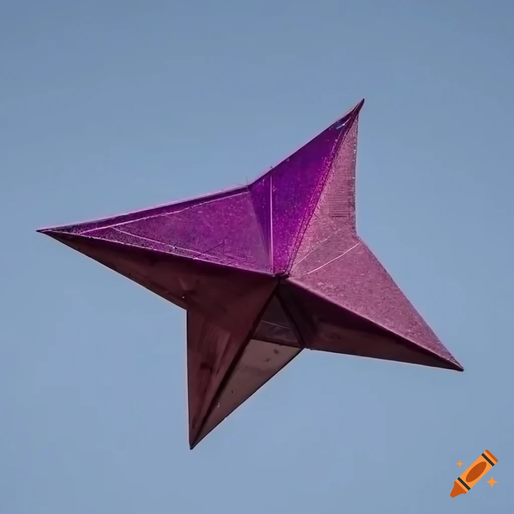 Purple star-shaped alien spaceship flying over trees in the daytime sky ...