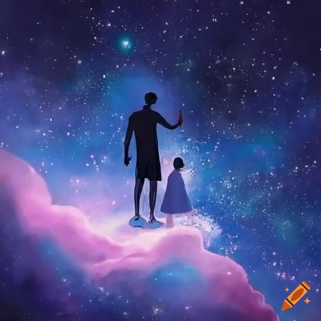 Illustration of a father and daughter flying through the cosmos on Craiyon