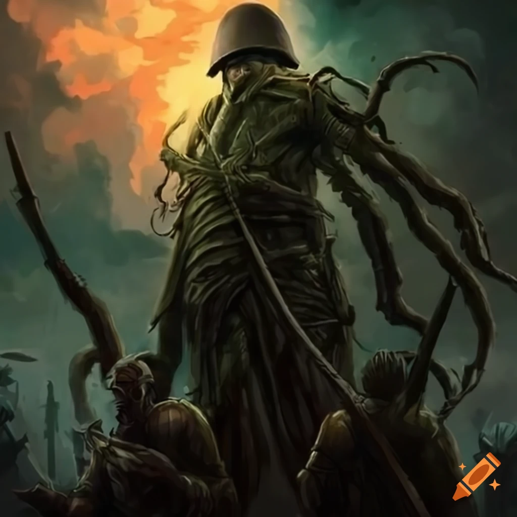 Cthulhu battling soldiers in world war