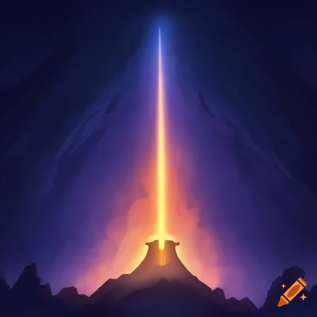 Illustration of a temple on top of a cascade with a beam of light on ...