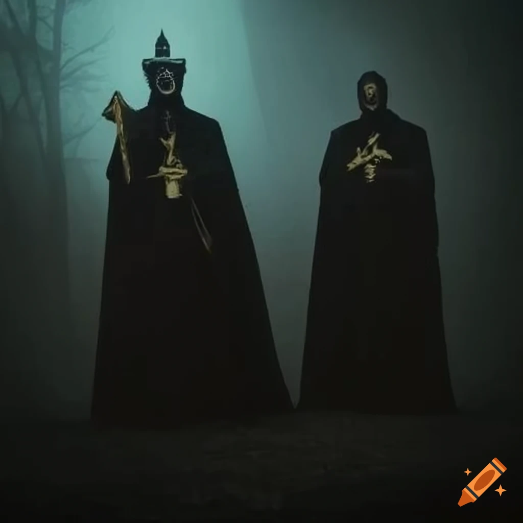 Dark priests wearing golden masks in a foggy environment on Craiyon