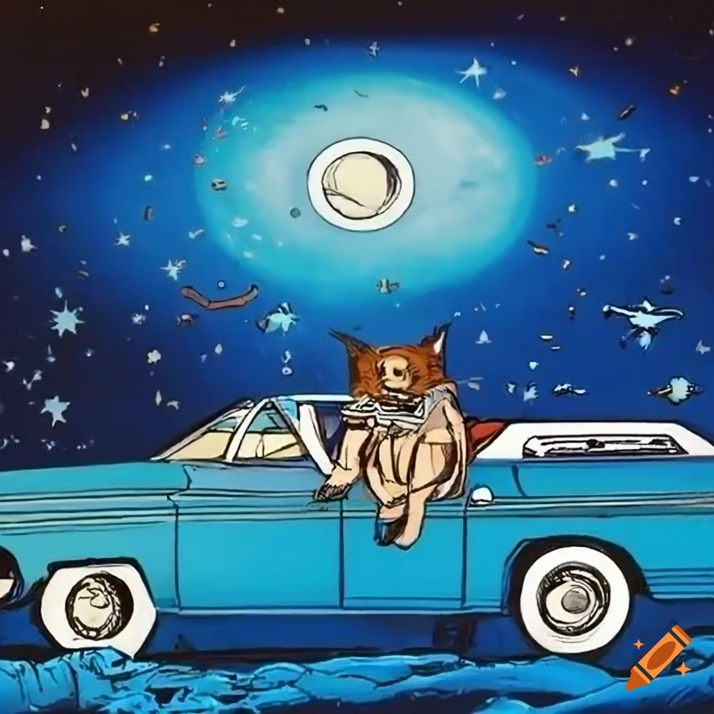 Comic panel of a cat driving a blue station wagon in space