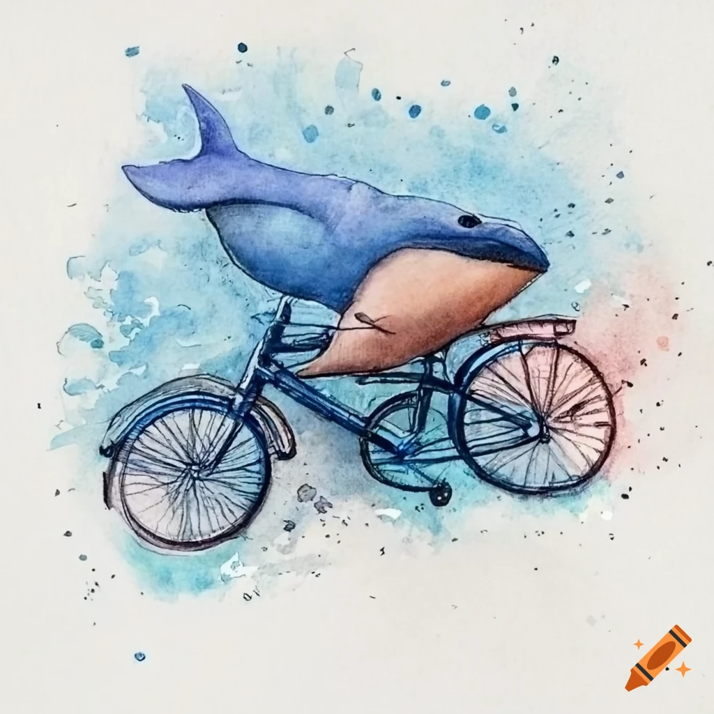 Whale riding a bike in a pen drawing