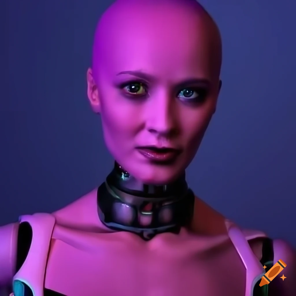 High quality image of a female robot with a creepy smile on Craiyon