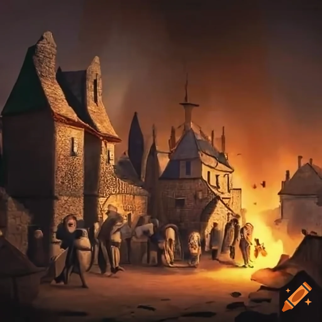 Medieval fresco depicting a viking setting fire to a village on Craiyon