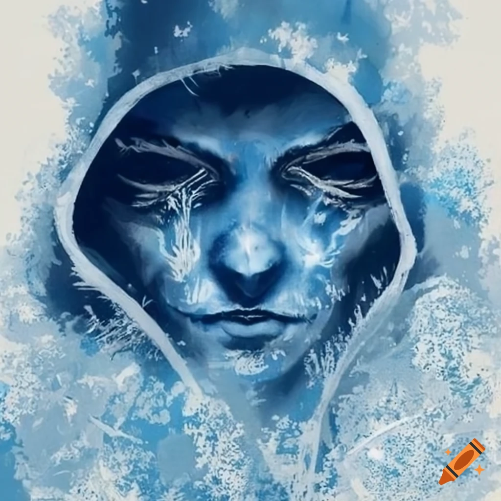 Digital art of a blue hooded warrior surrounded by frost on Craiyon
