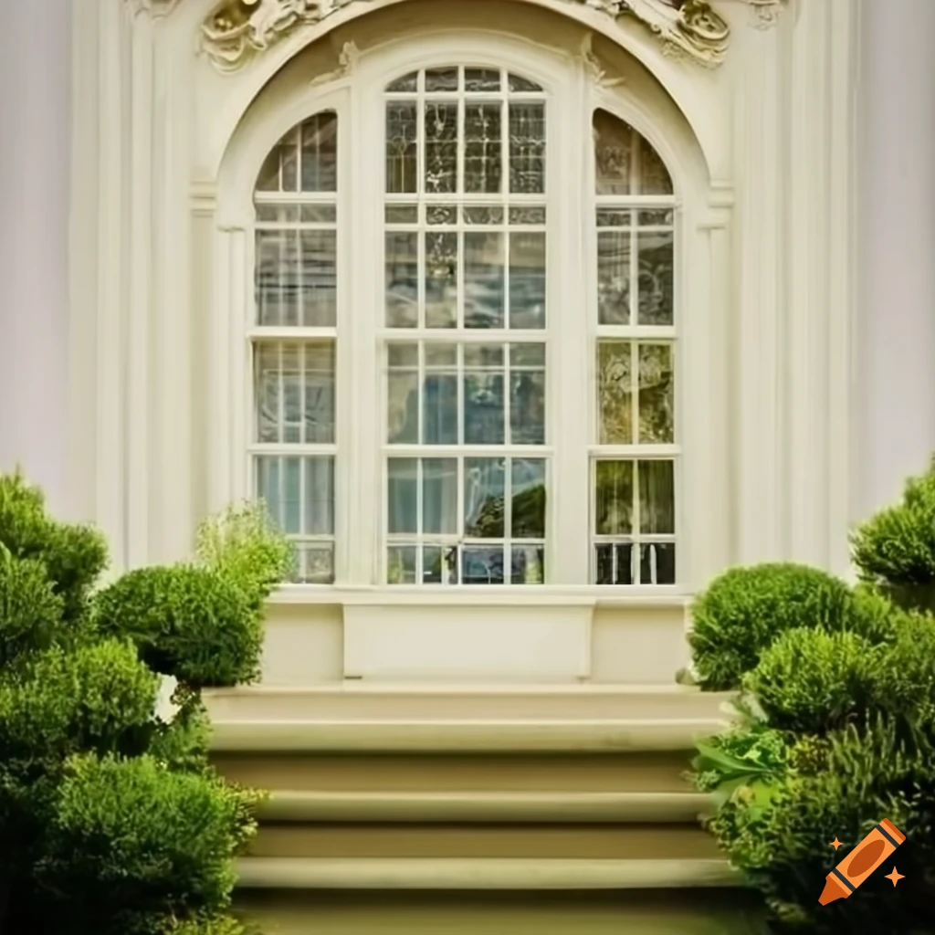 White rococo garden with stairs and flowerbeds on Craiyon