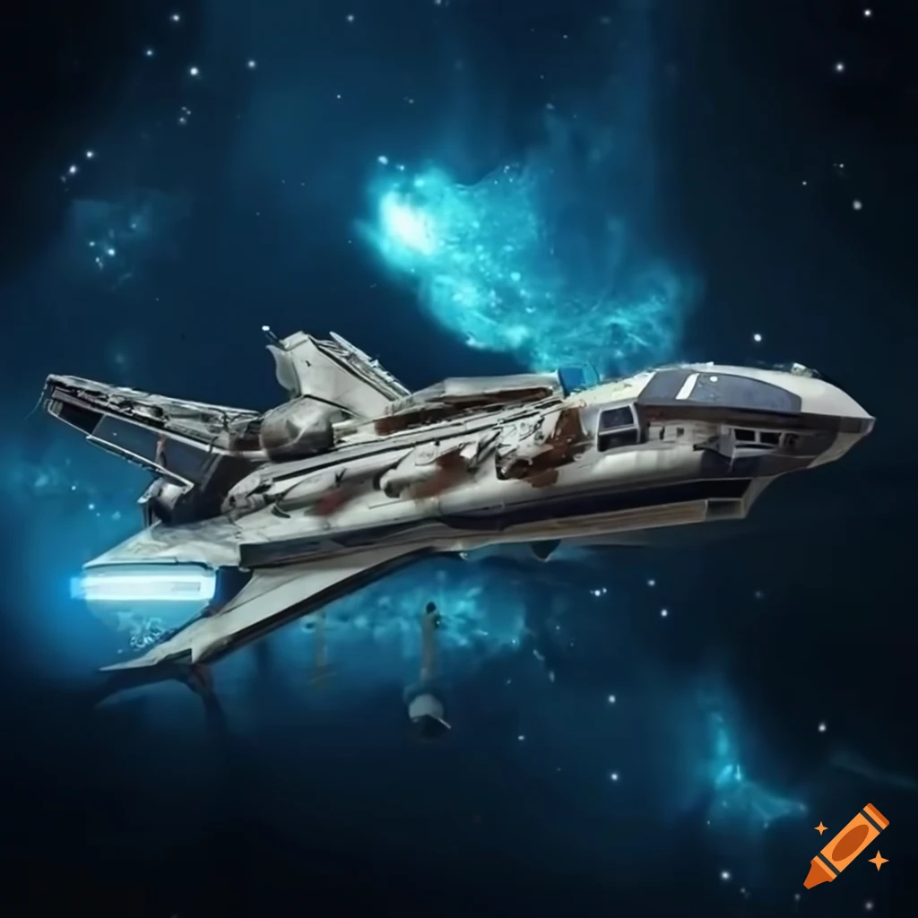 Detailed spaceship with illuminated cockpit in space on Craiyon