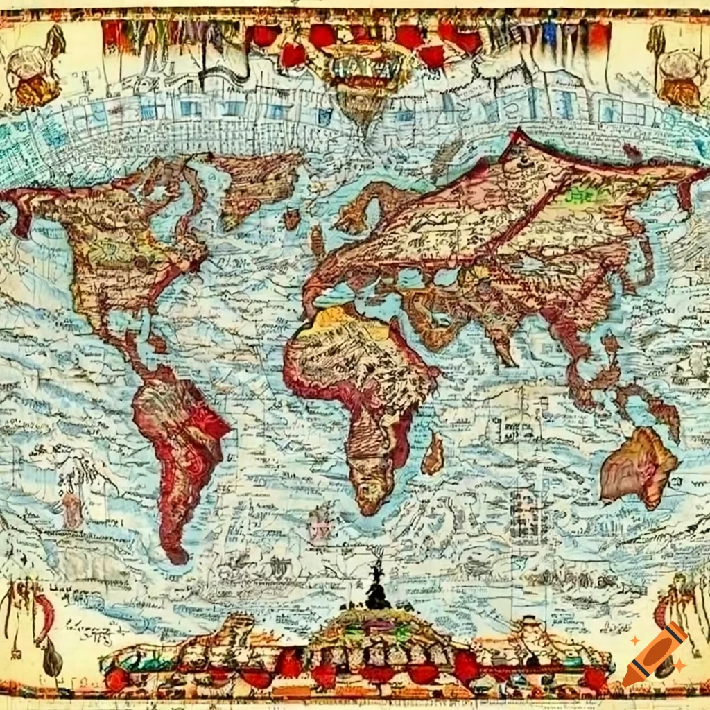 Vibrant world map with golden interconnected threads on Craiyon