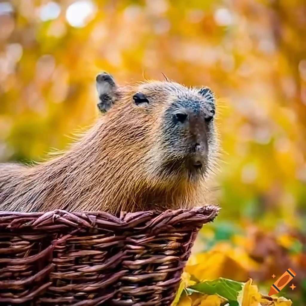 Capybara in a basket surrounded by autumn leaves on Craiyon