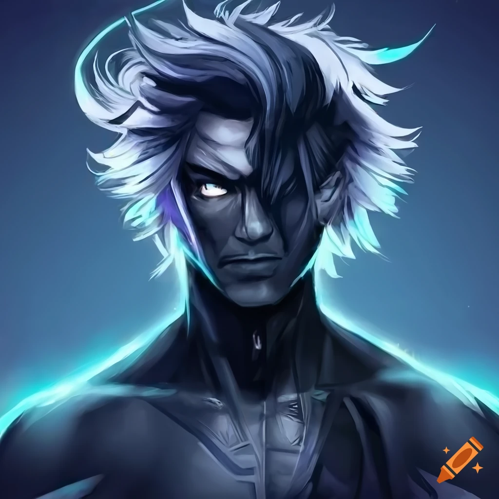 Digital art portrait of a male demi god with black skin and white eyes ...