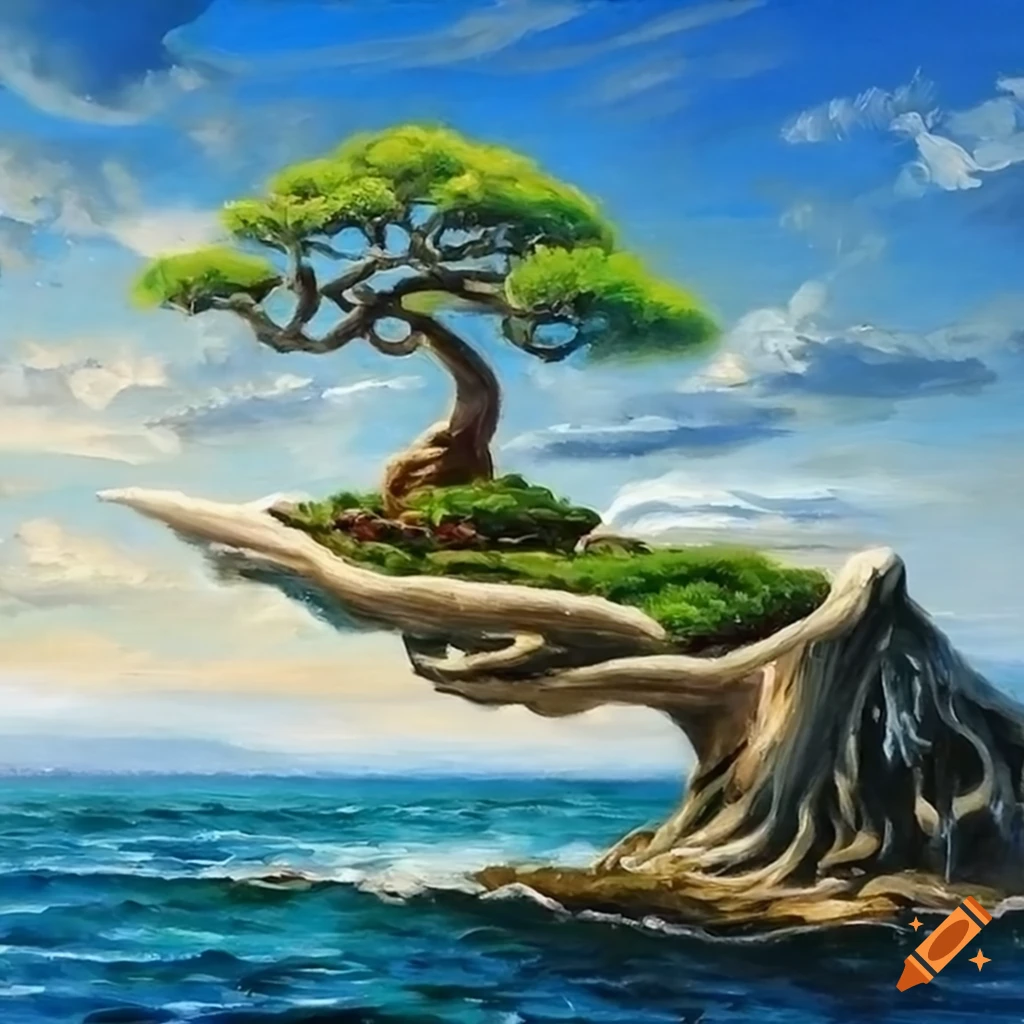 Epic fantasy art of a giant bonsai on a beach