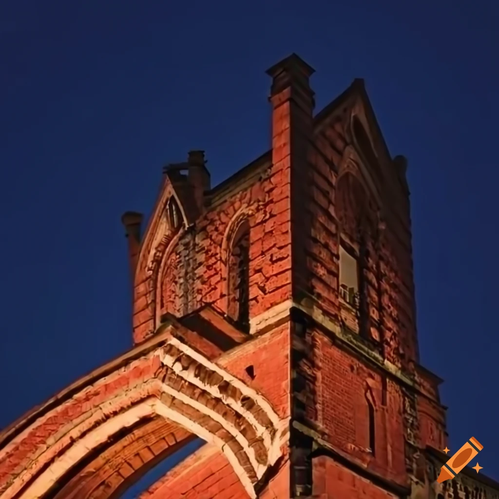 Night view of an academic building with brick arches