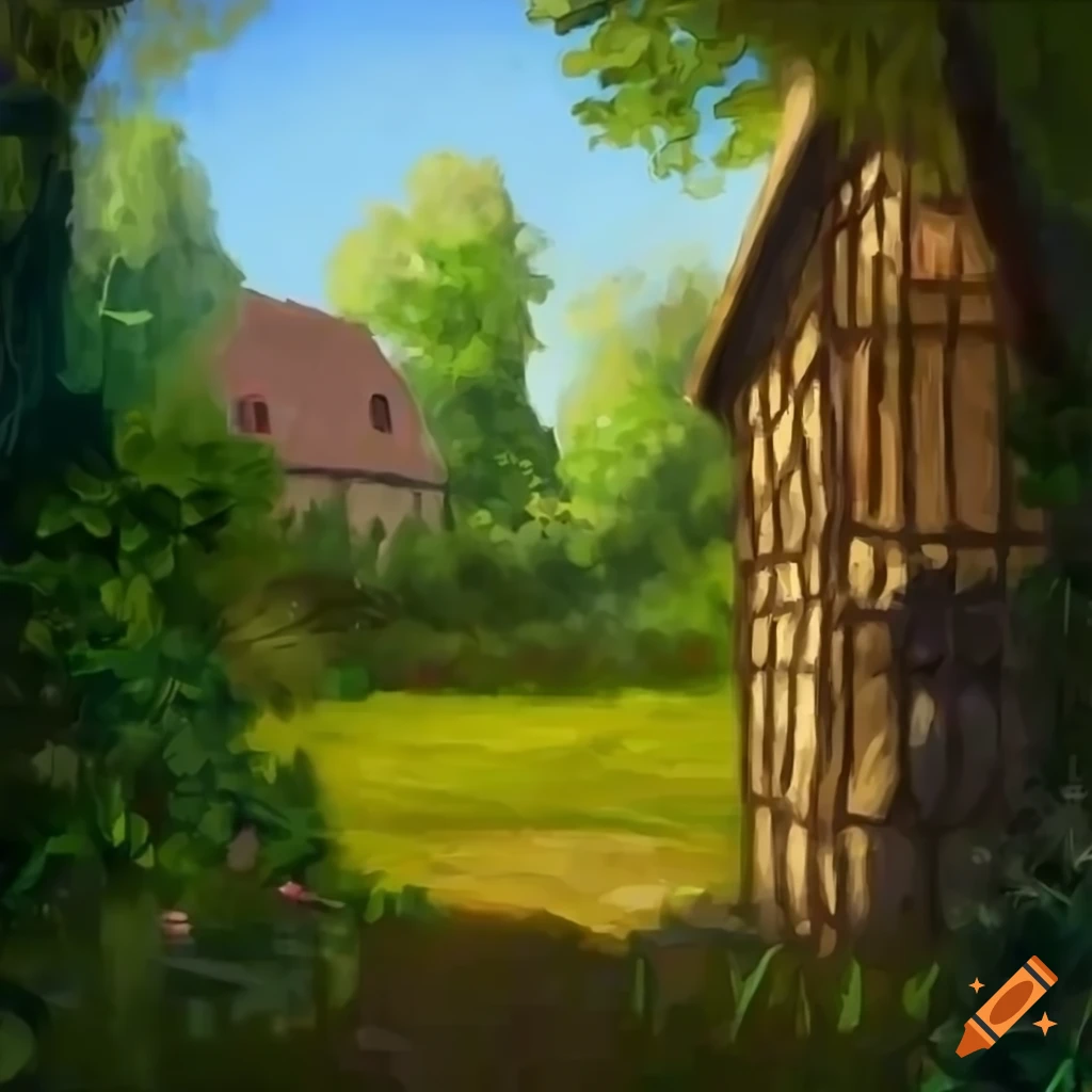 Cartoonish medieval garden background for a visual novel on Craiyon