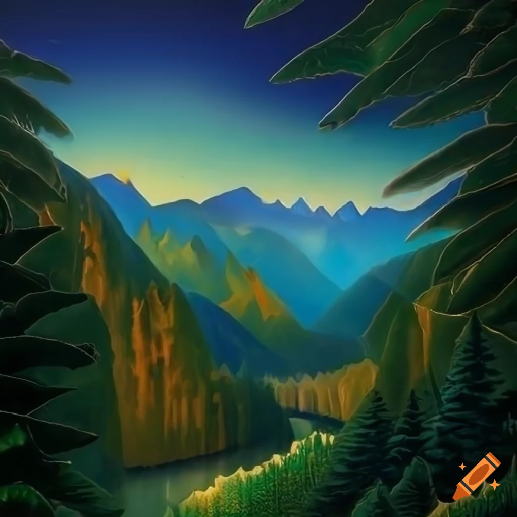 Detailed mountain valley with forest and river on Craiyon