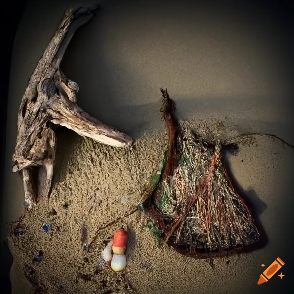 Sculpted still life of driftwood and seaweed on a beach on Craiyon