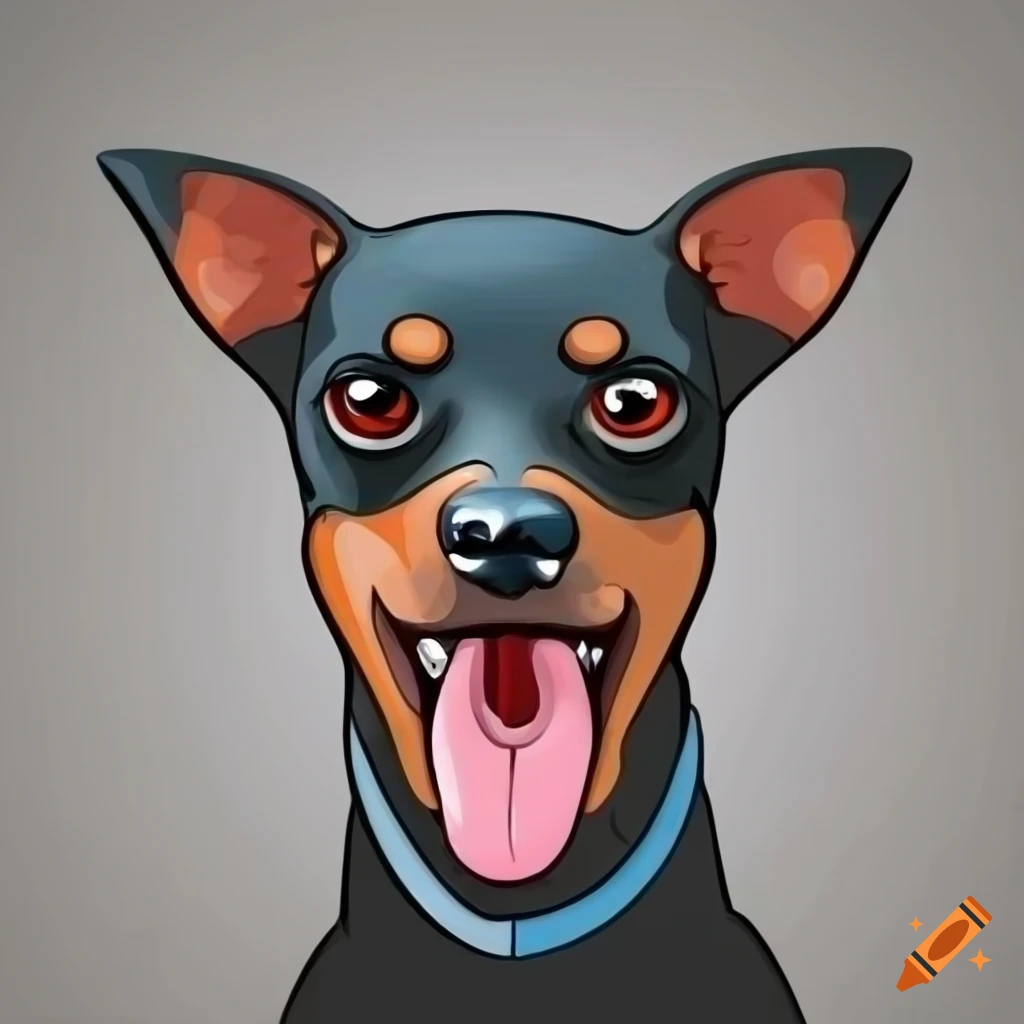 Cartoon illustration of a happy miniature pinscher dog on Craiyon