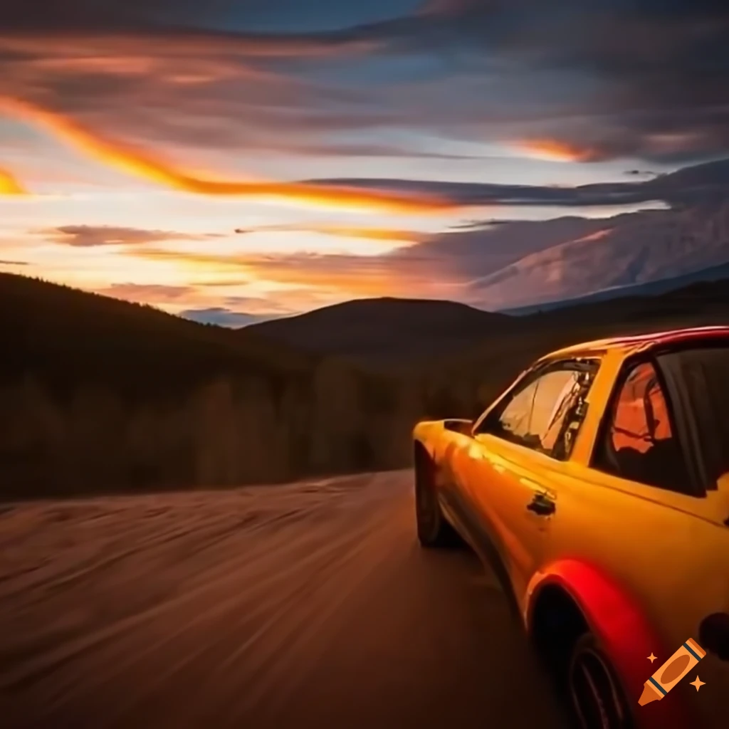 Rally car racing in colorado mountains at sunset