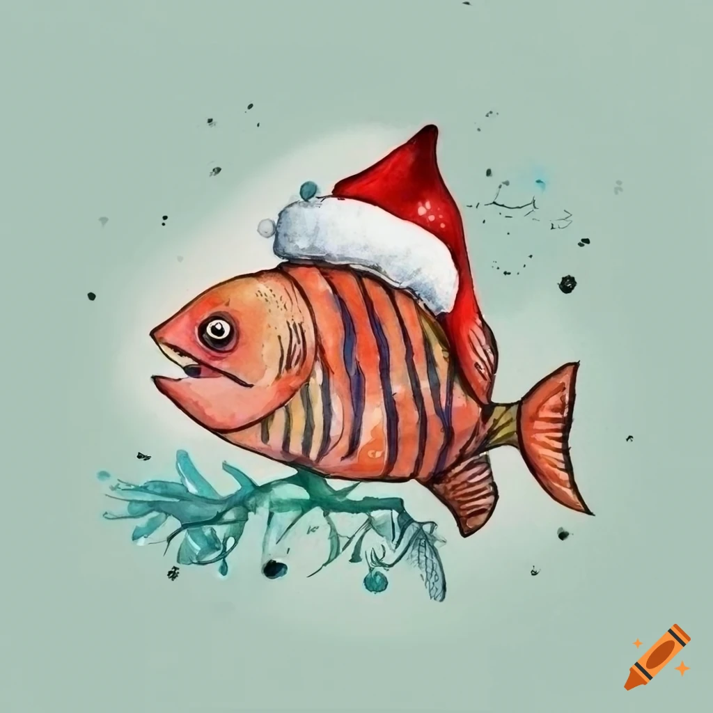 Cartoon illustration of two fishes wearing christmas hats and ...
