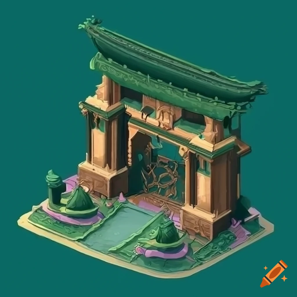 Isometric game art of a beautifully decorated shrine gate on Craiyon