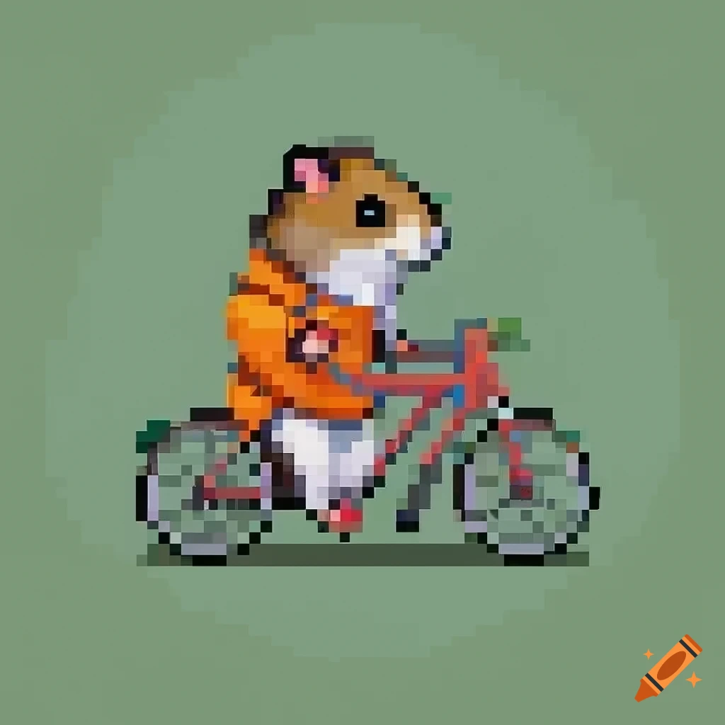 A hamster riding a bicycle, wearing a green jacket, pixel art on Craiyon