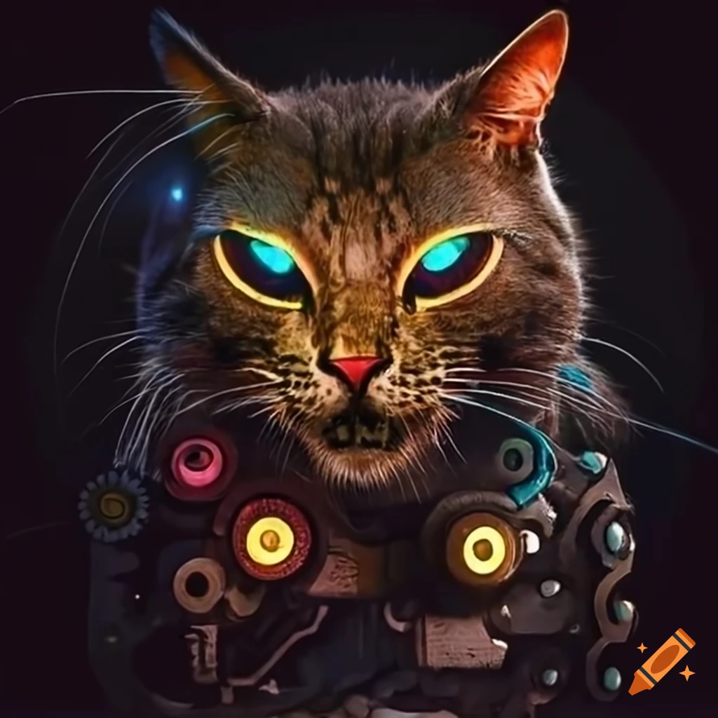 Steampunk cat with glowing eyes and gears