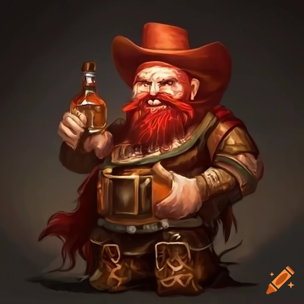 Illustration of a Dwarf with red hair and a cowboy hat on Craiyon