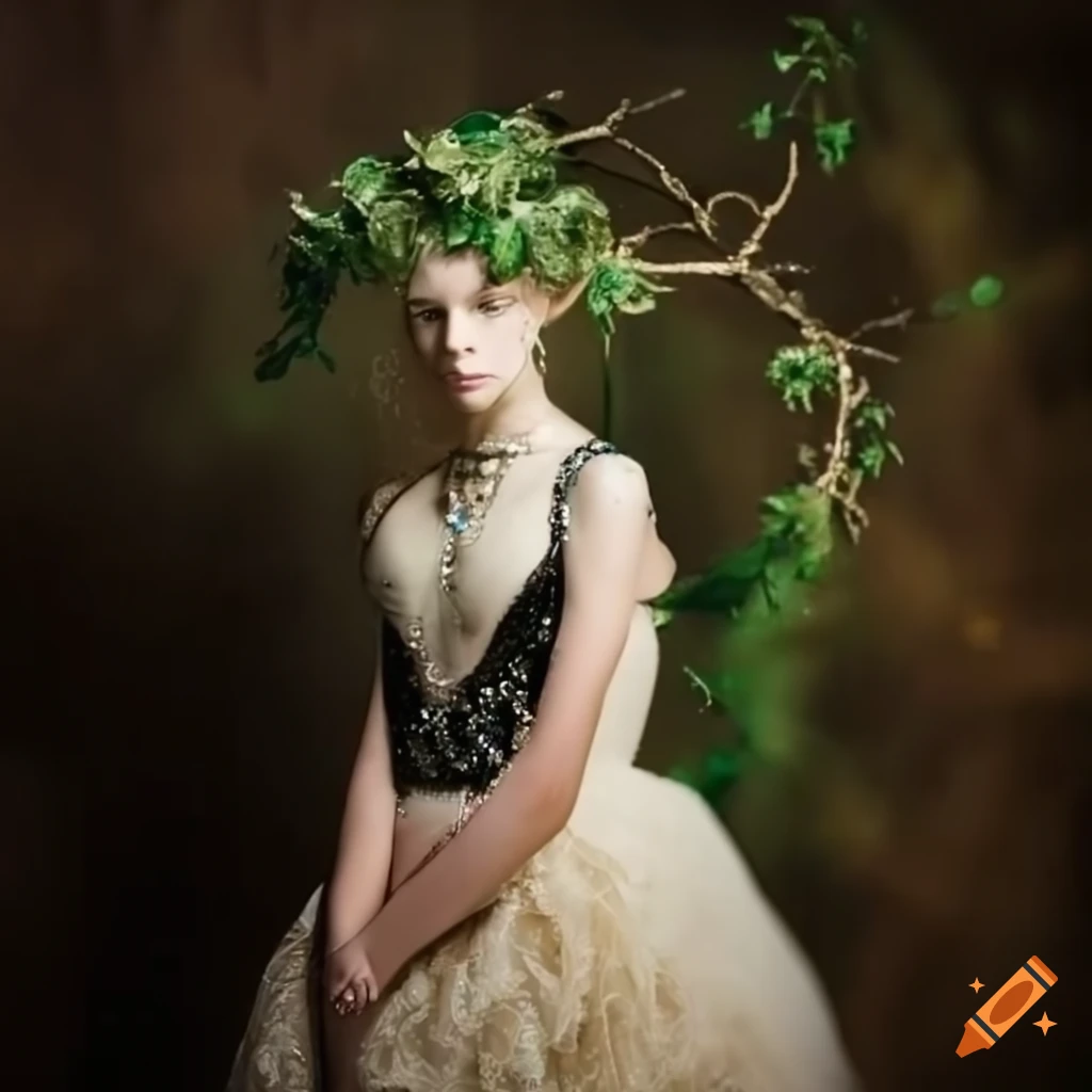 Portrait of a young dryad in a beaded dress on Craiyon