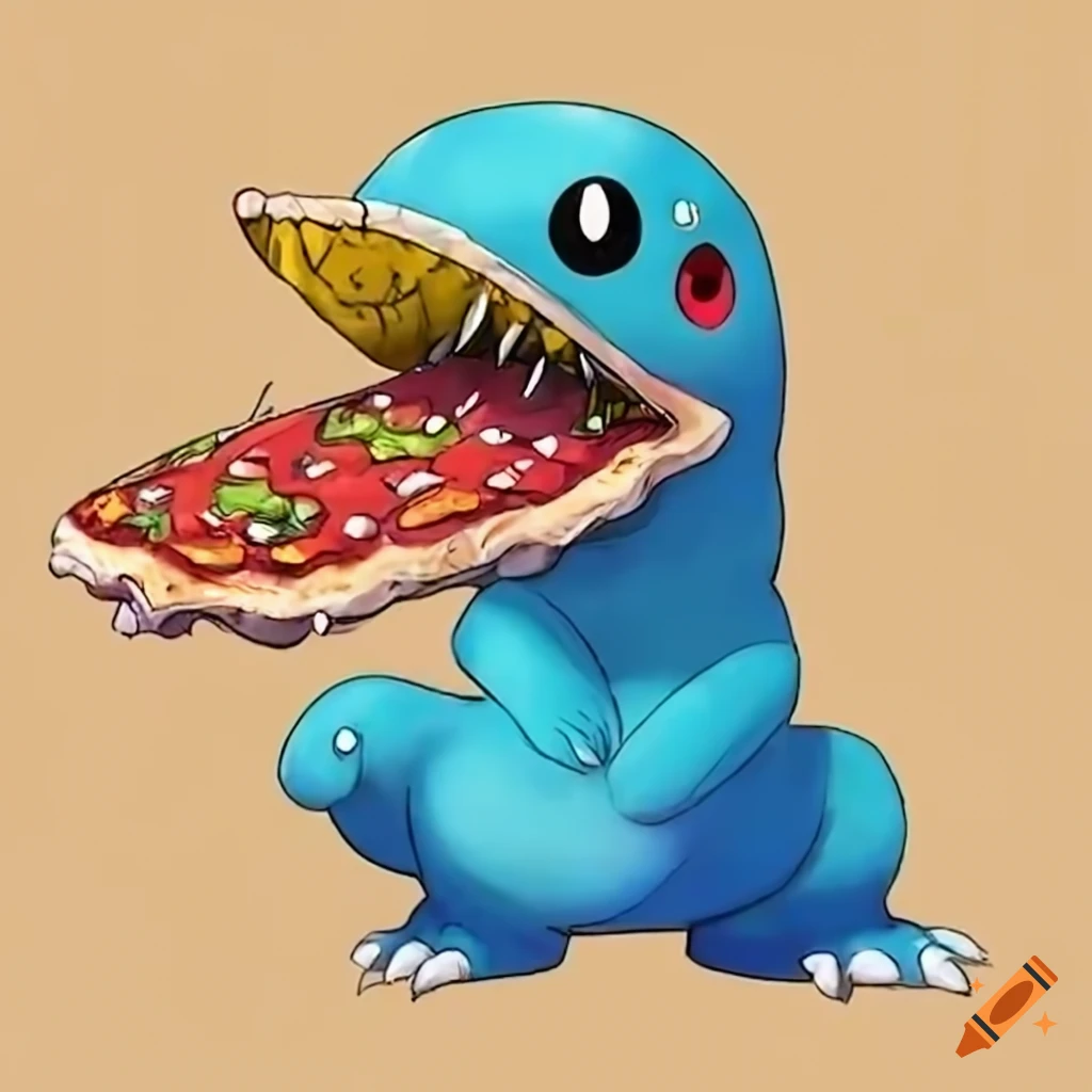 Colorful monster eating a pizza