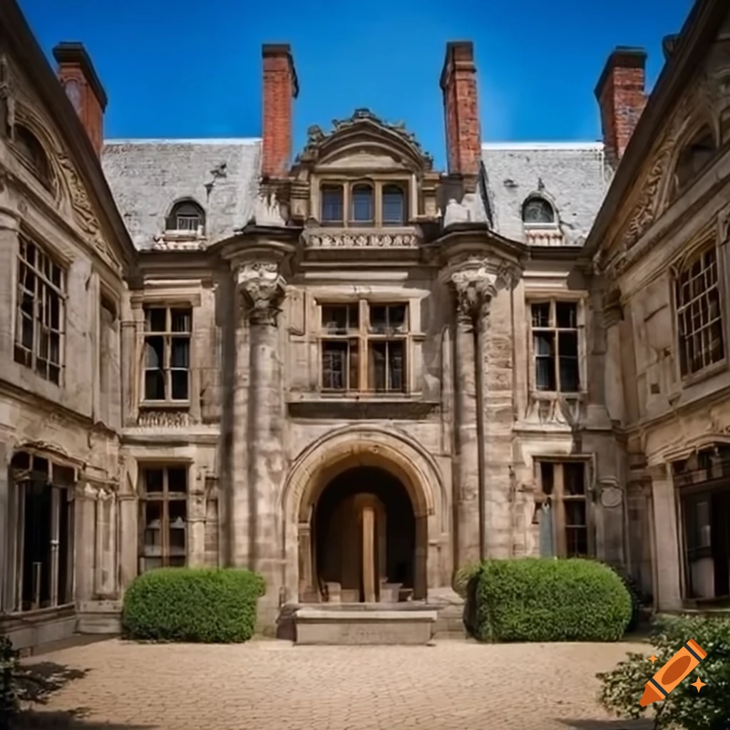 Exterior view of an old mansion courtyard