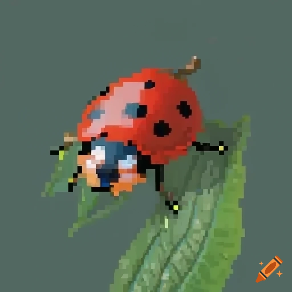 Pixel art of a ladybug on a leaf