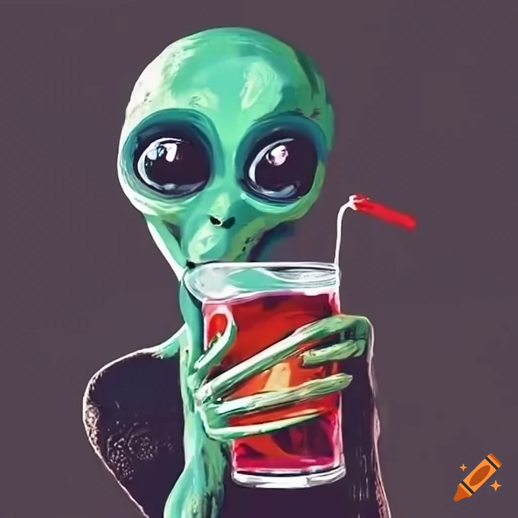 Humorous illustration of an alien drinking soda on Craiyon