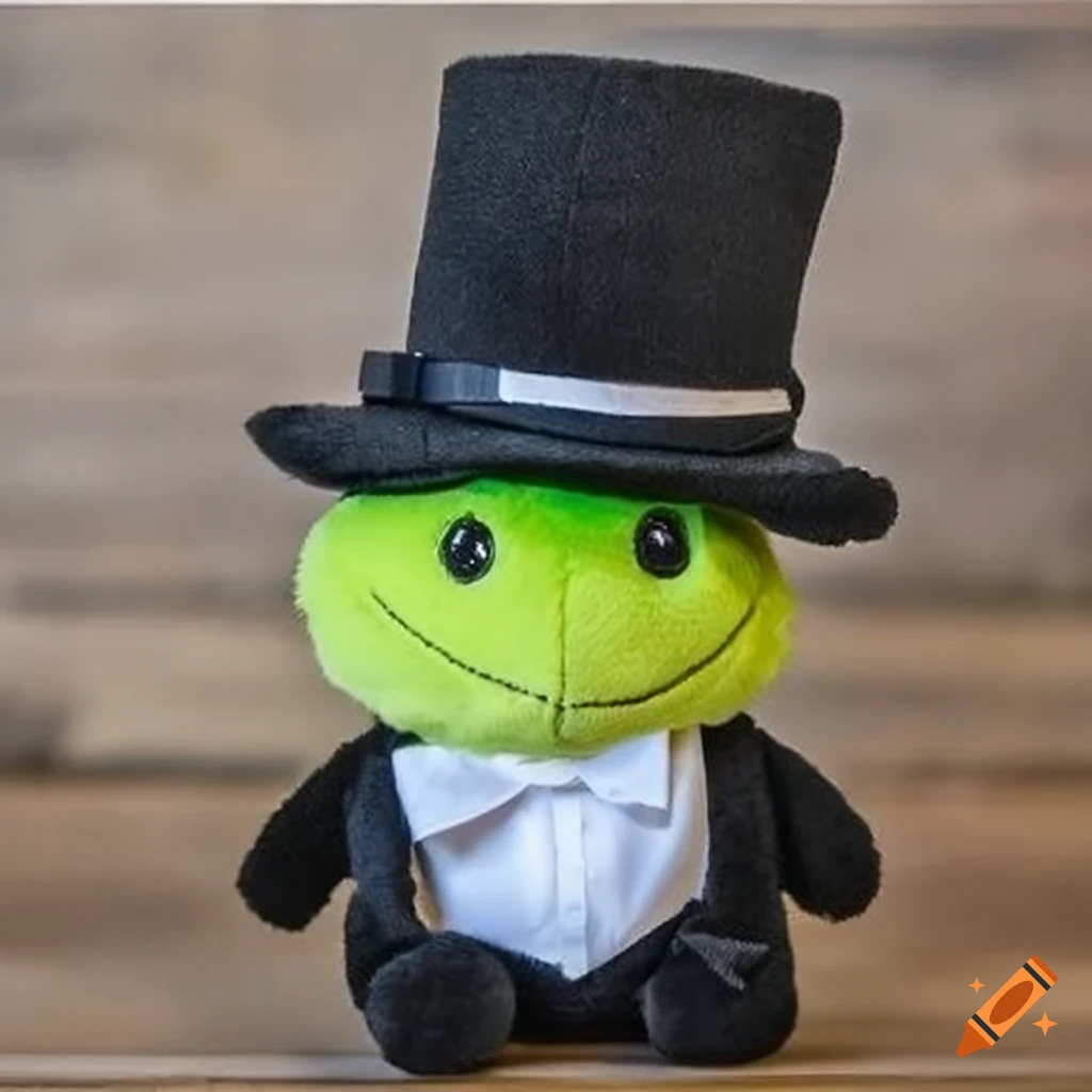 Adorable frog stuffed toy in a black hat and tuxedo on Craiyon