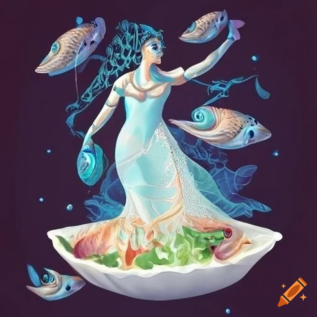 Artistic depiction of a fish bride emerging from the sea surrounded by ...