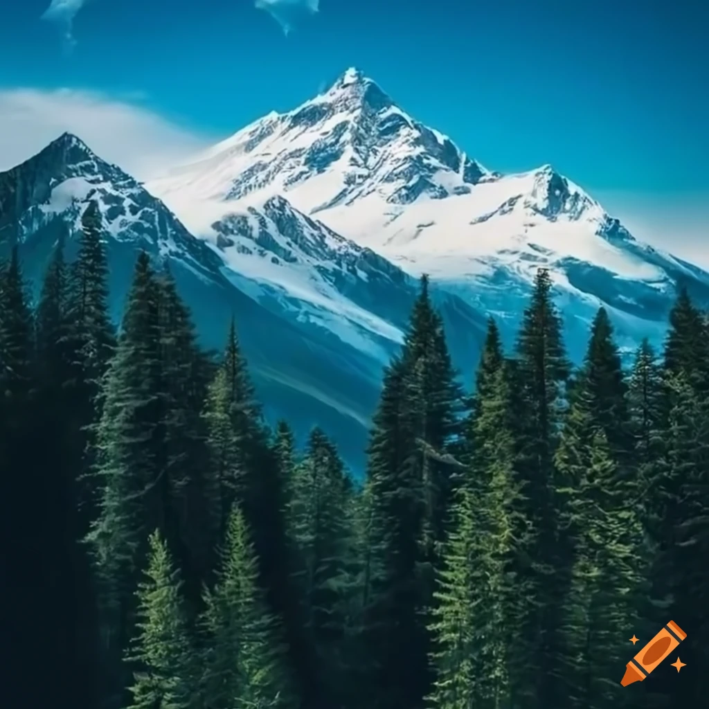 View of a snow-capped mountain in a forest on Craiyon