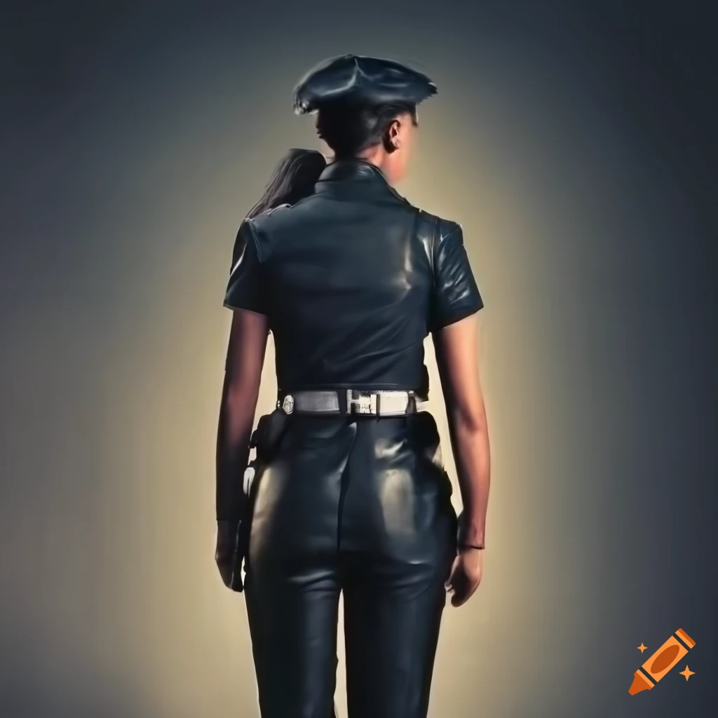 Hyperrealistic 1980's police photograph of a young policewoman