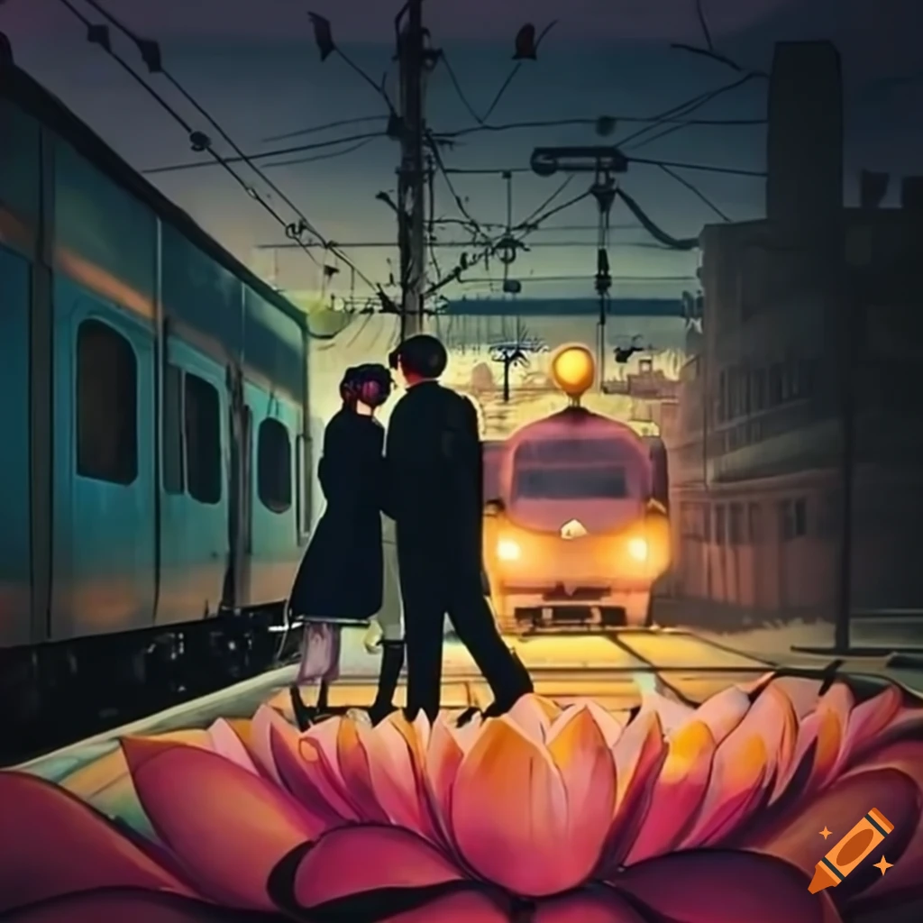 Artistic depiction of lovers with a train and lotus